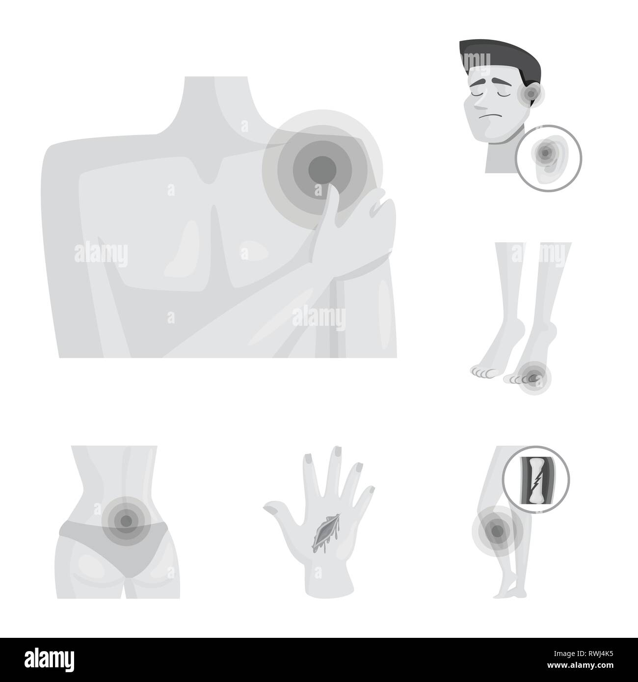 Vector illustration of suffering and injury sign. Set of suffering and ...