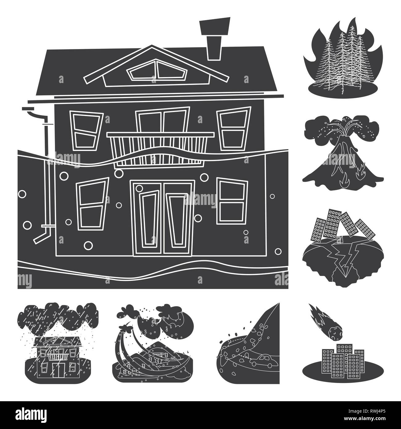 Vector illustration of calamity and crash symbol. Set of calamity and ...