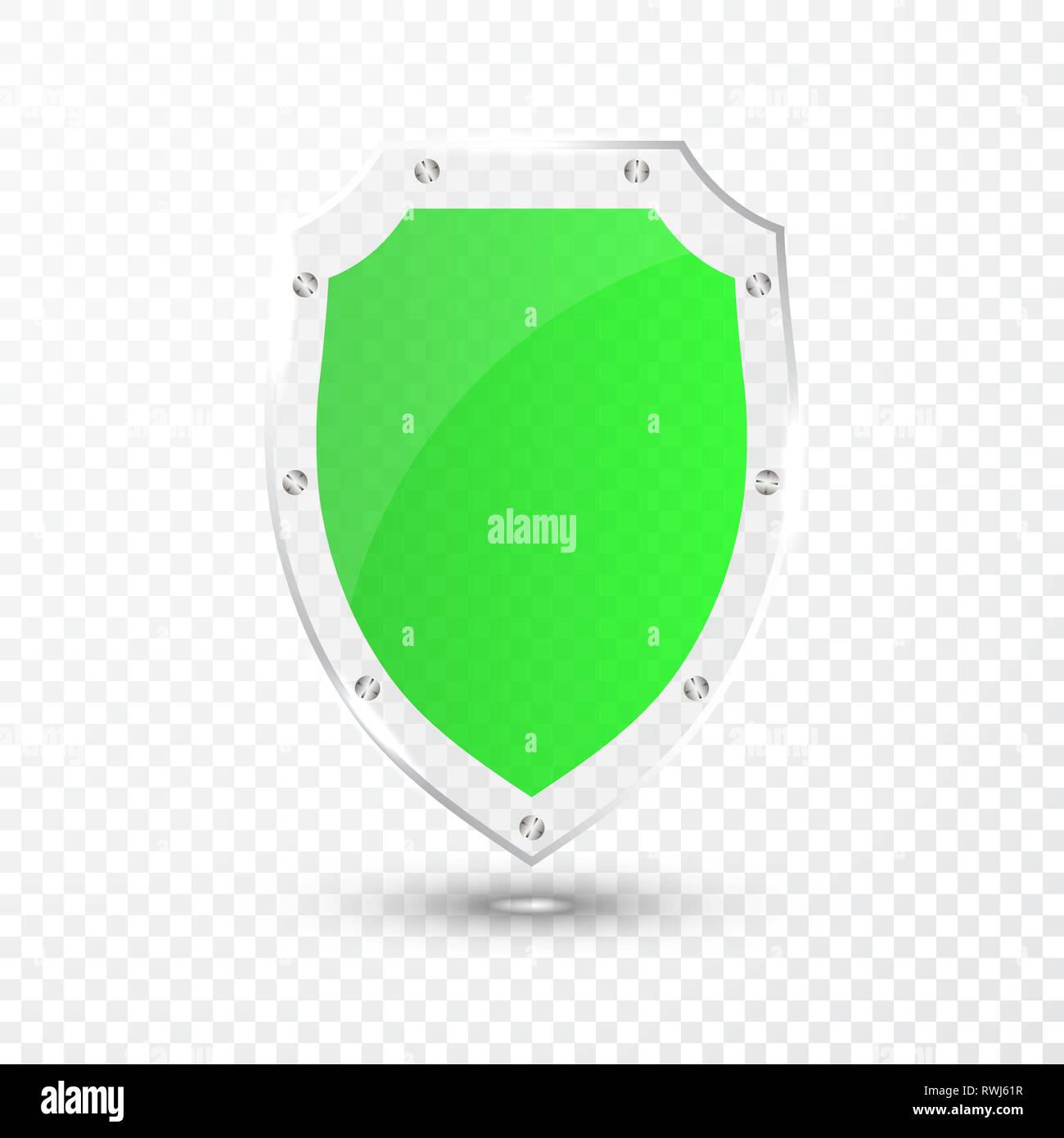 Transparent green glass shield icon on transparent background. Vector ...