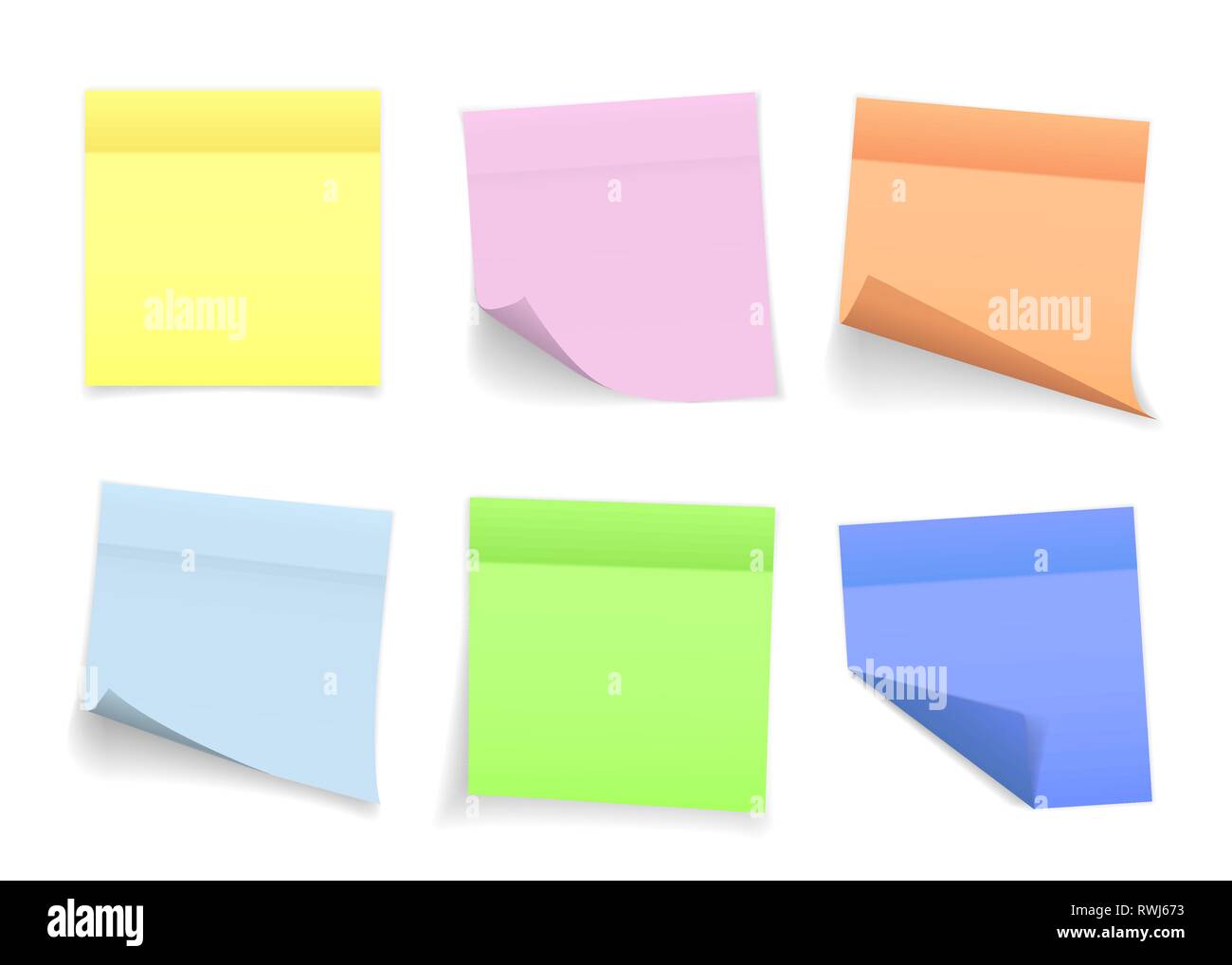 Collection of different colored sheets of note papers with curled ...