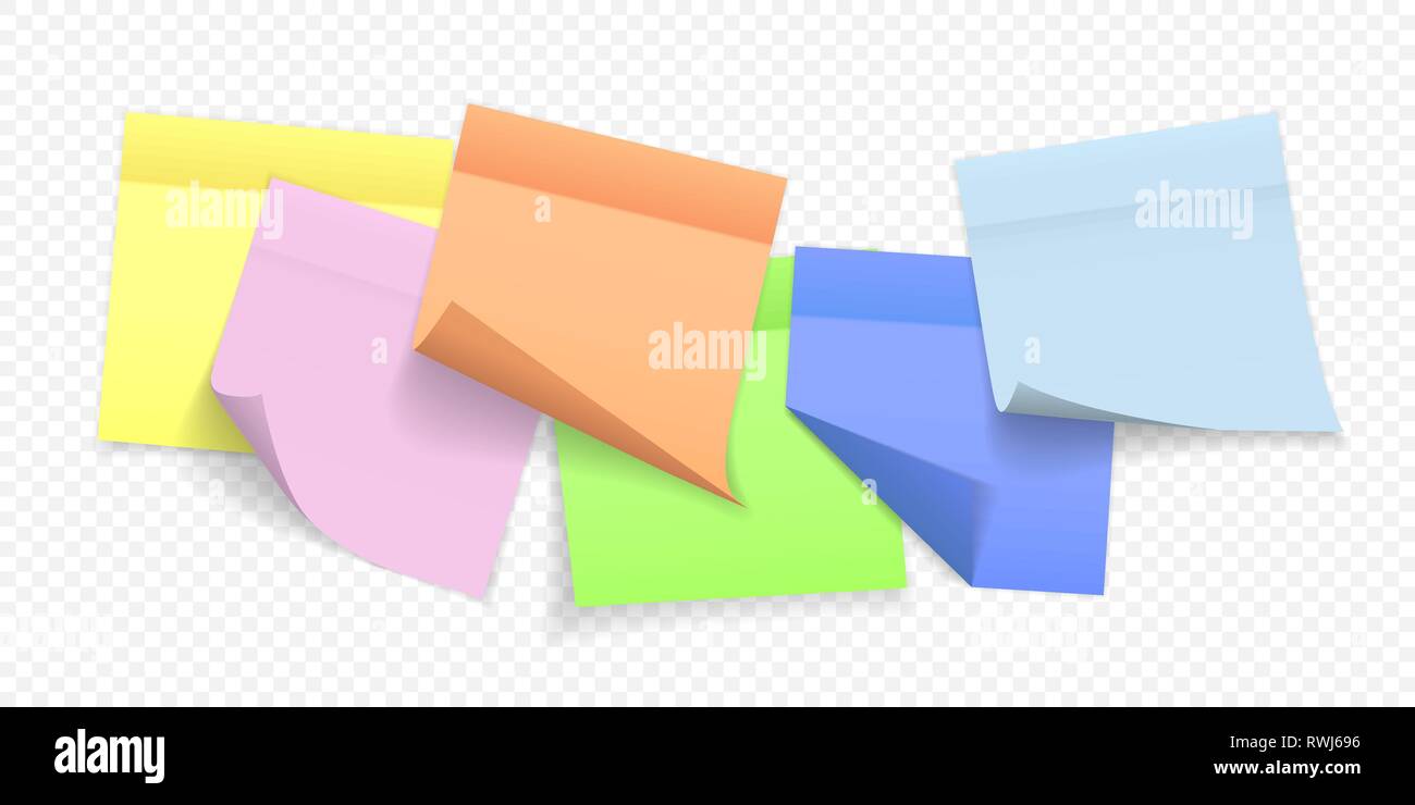 Collection of different colored sheets of note papers with curled ...