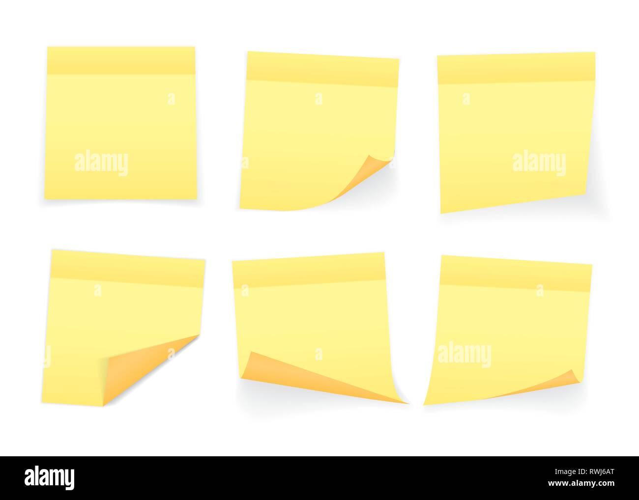 Collection of yellow colored sheets of note papers with curled corner ...