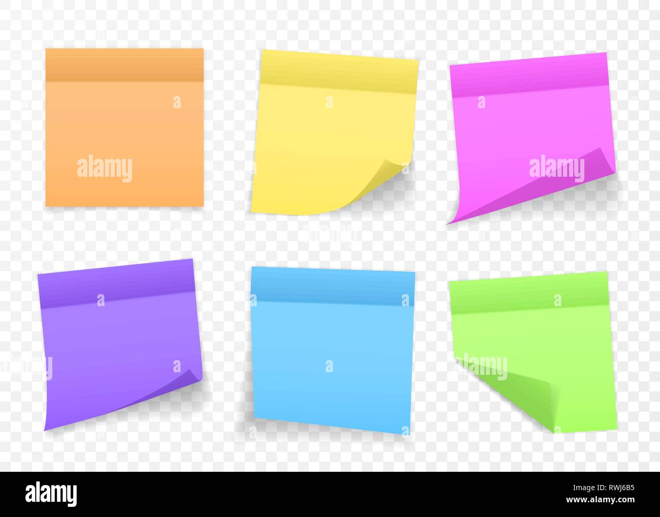 Collection of different colored sheets of note papers with curled ...