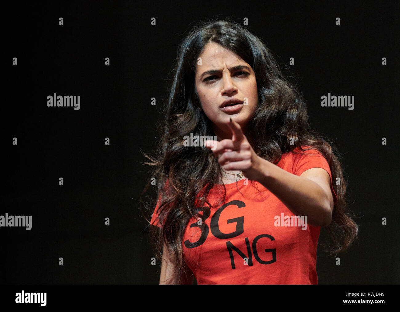 Berlin, Germany. 06th Mar, 2019. Actor Lamis Ammar performs on stage ...