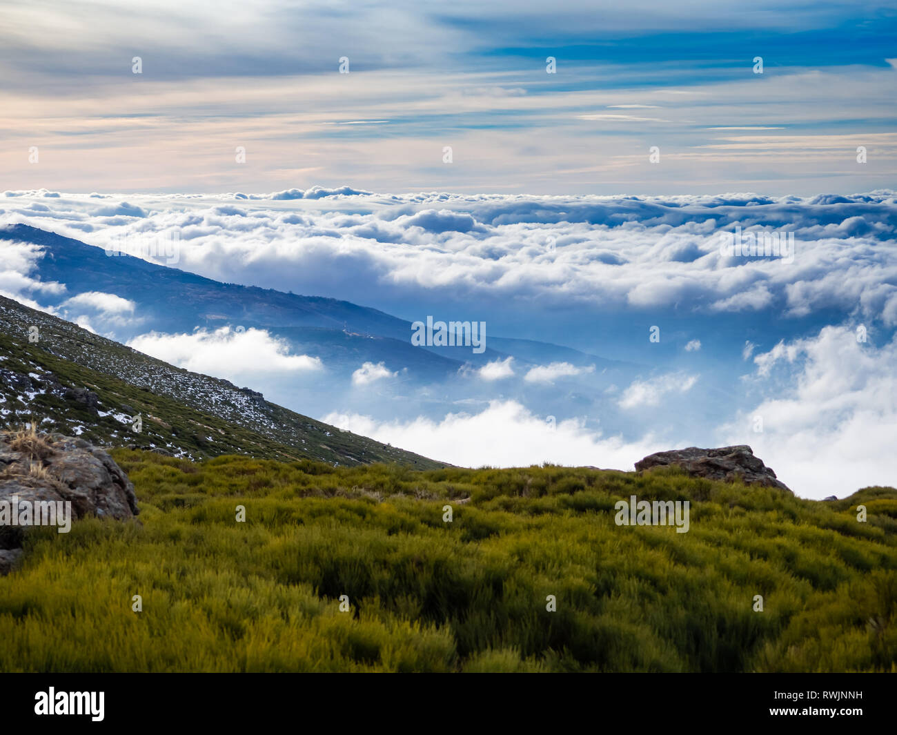 Landscape with a sea of clouds on the mountain in La Covatilla, Bejar ...