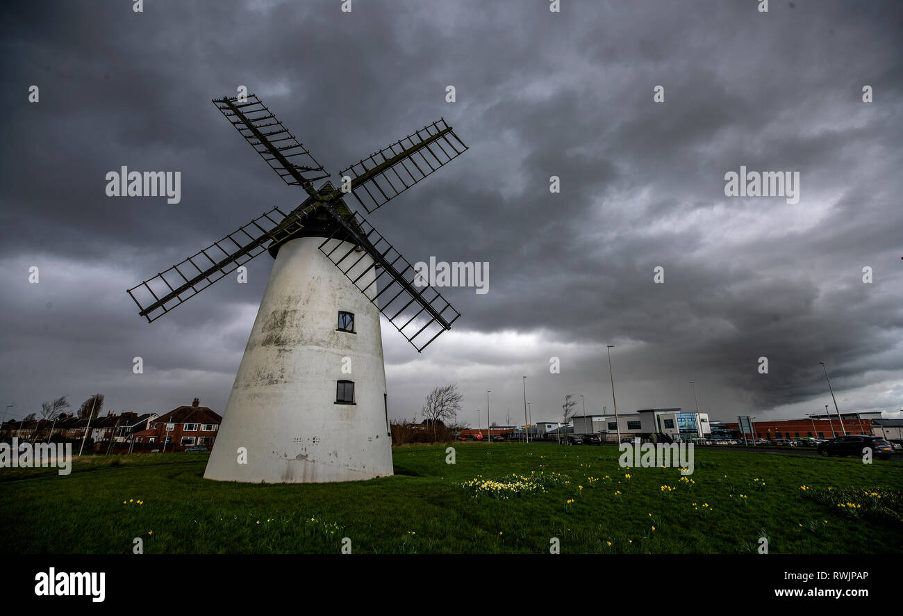 Dark clouds form over the Little Marton Windmill in Blackpool Stock ...