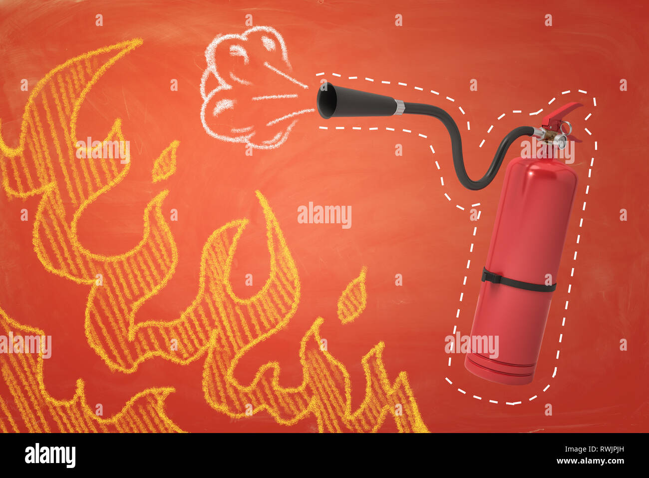 3d rendering of red foam fire extinguisher with foam and fire flames ...