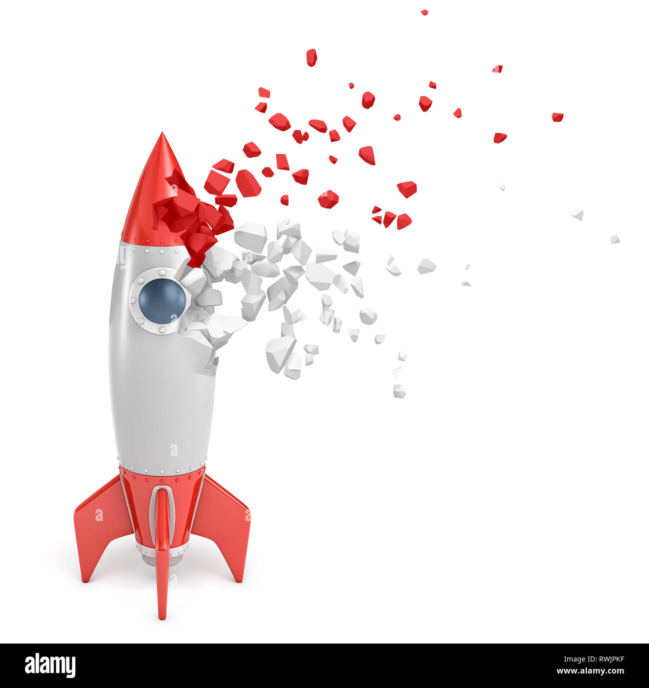 3d rendering of red and grey toy space rocket starting to dissolve into ...