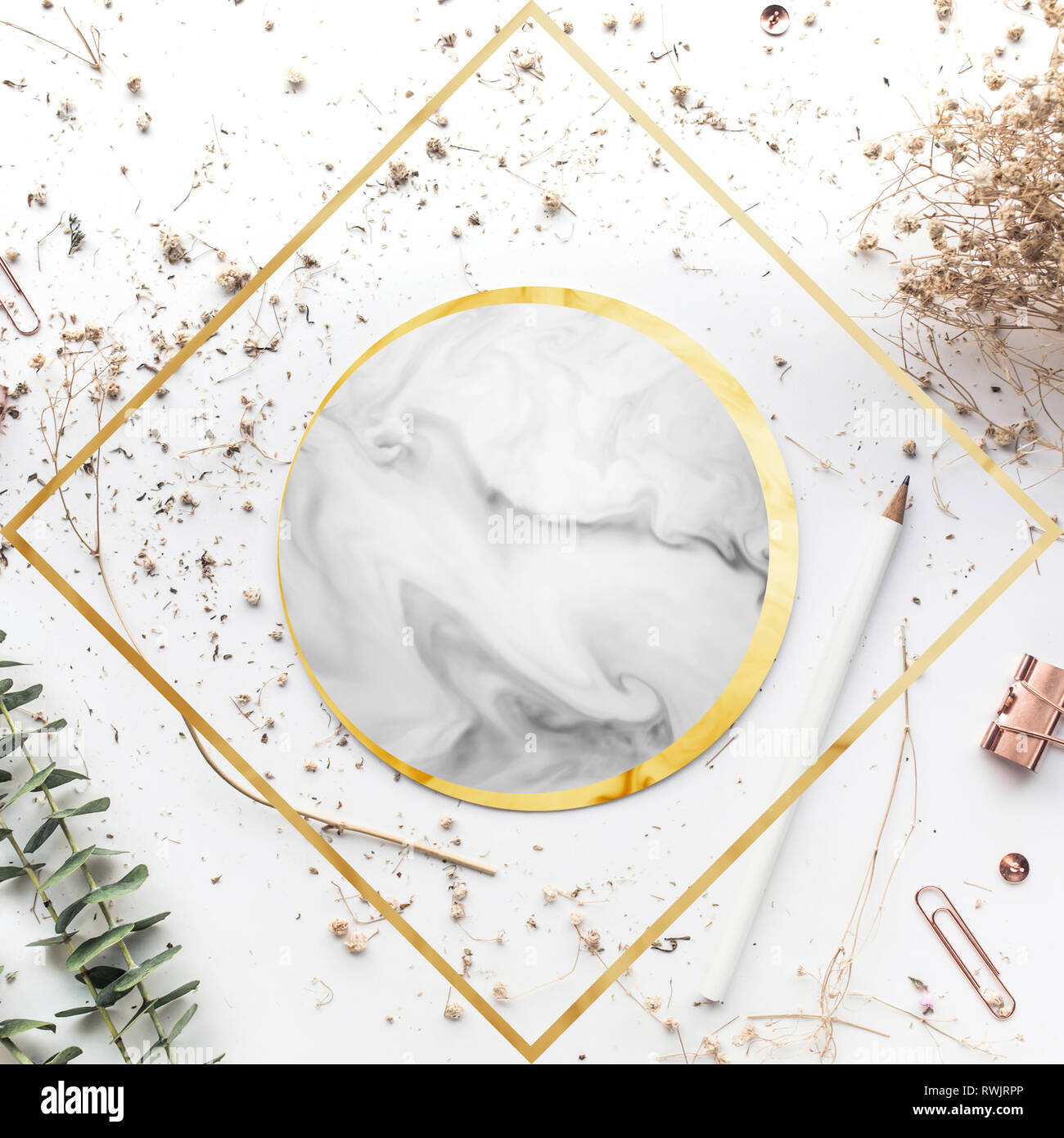 Marble texture frame with decorative dry branch,bouquet flower on white ...