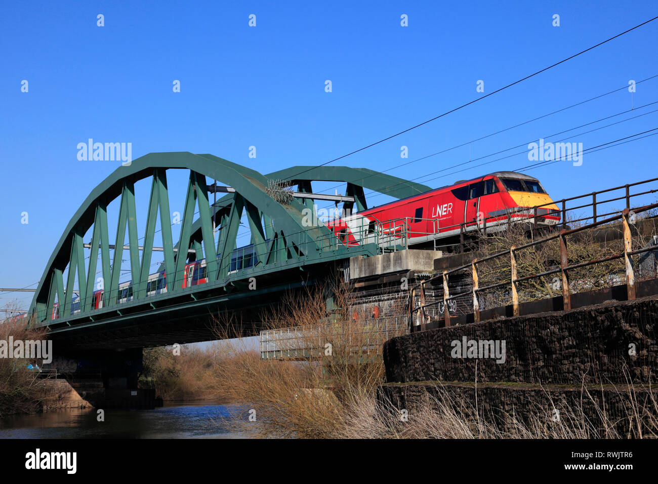 LNER train passing over the river Trent bridge, East Coast Main Line ...