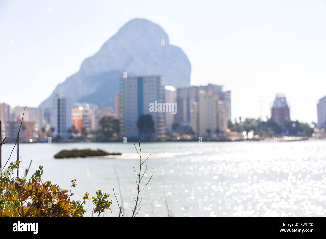 Nature park of Las Salinas lake in Calpe, Spain, with some flamingos ...