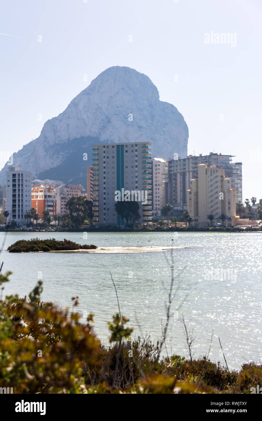 Nature park of Las Salinas lake in Calpe, Spain, with some flamingos ...