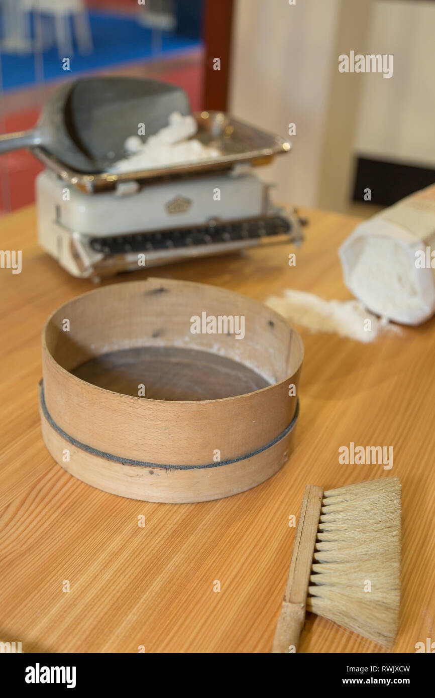 Antique Round Sieve to Sift Flour and other Tools Stock Photo - Alamy