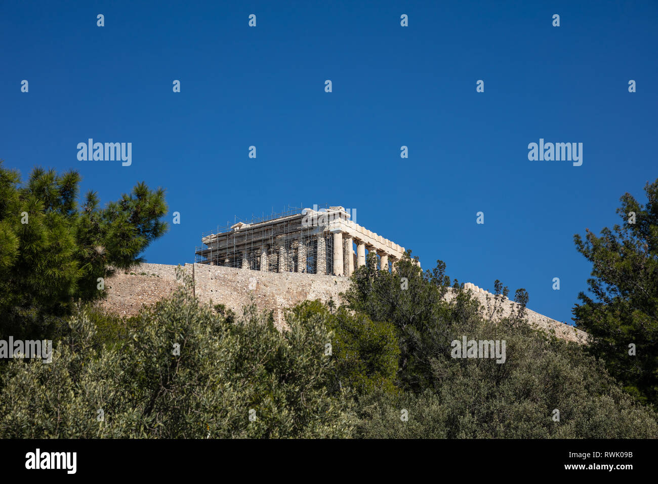 Acropolis of Athens Greece rock and Parthenon on blue sky background ...