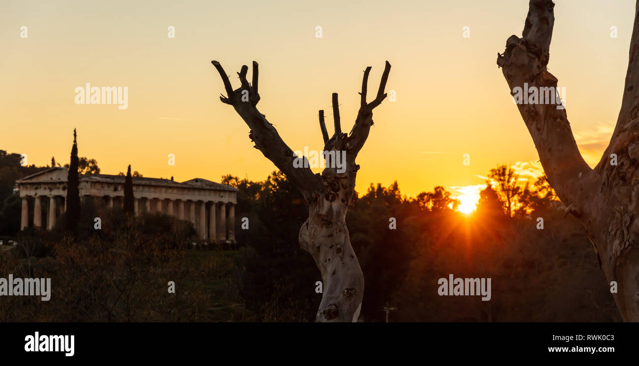 Athens Greece. Hephaestus temple at sunrise time, sun rising against ...