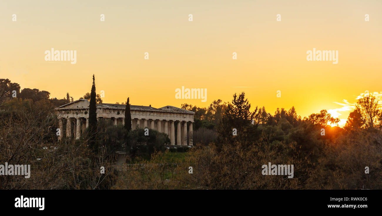 Athens Greece. Hephaestus temple at sunrise time, sun rising against ...