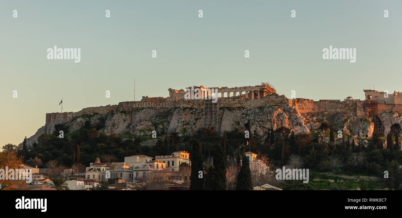 Acropolis of Athens Greece rock and Parthenon on blue sky background in ...