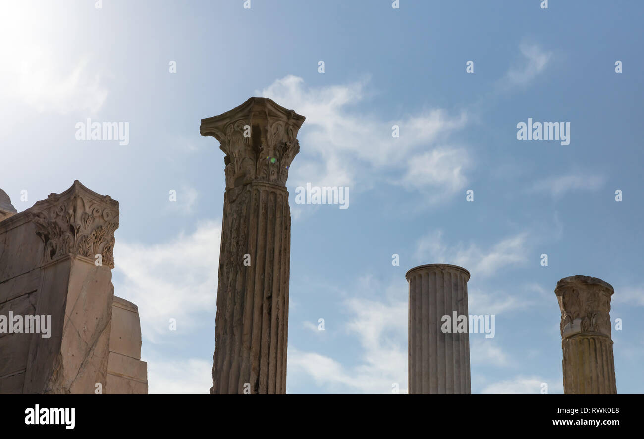 Athens Greece. Hadrians library columns against blue sky background ...