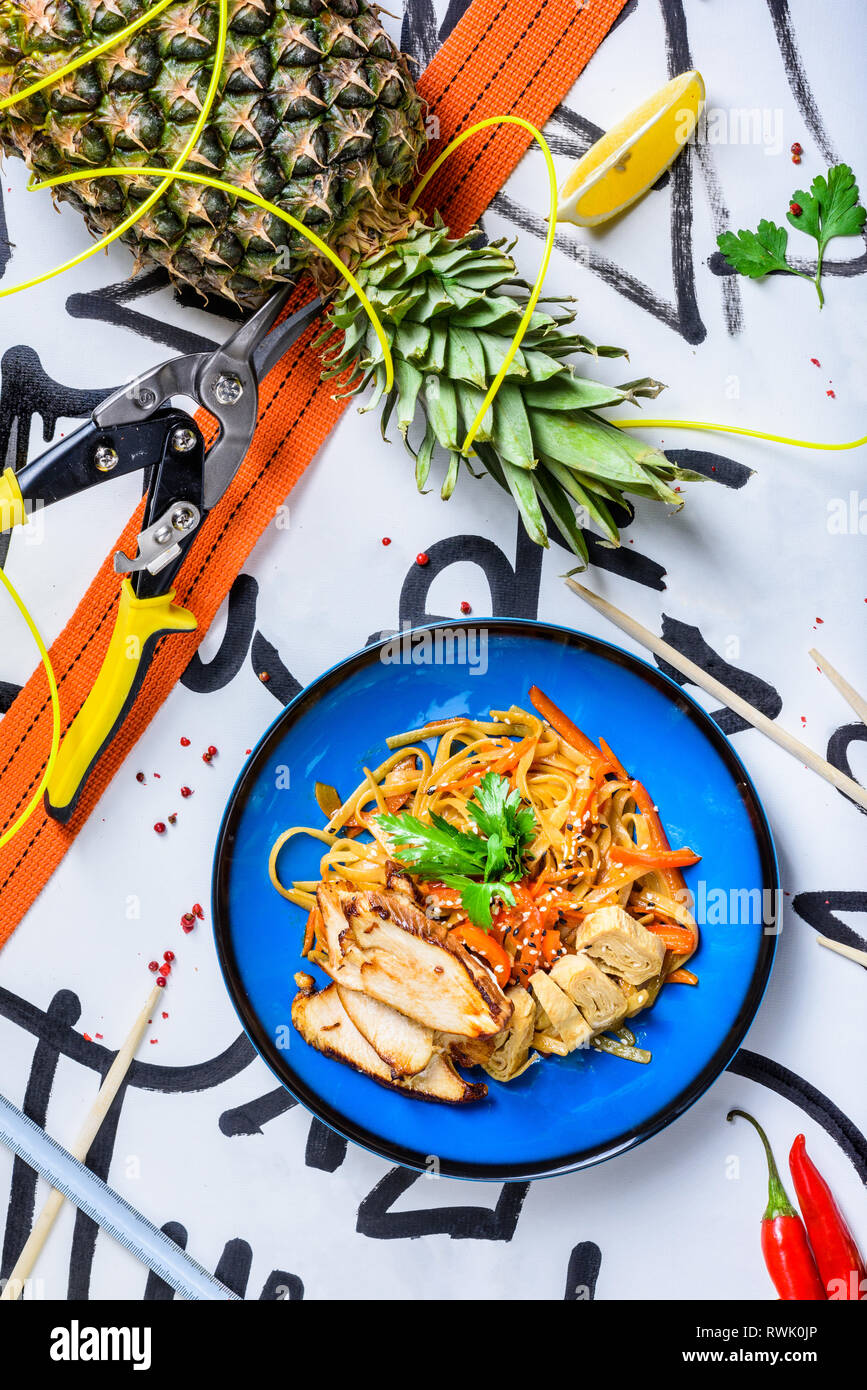 Stir fry noodles traditional Chinese wok, chopsticks, ingredients ...