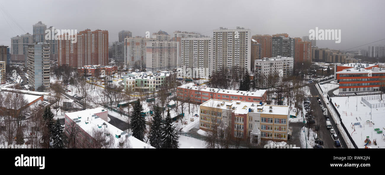 Moscow under snow, city landscape of residential district with high ...