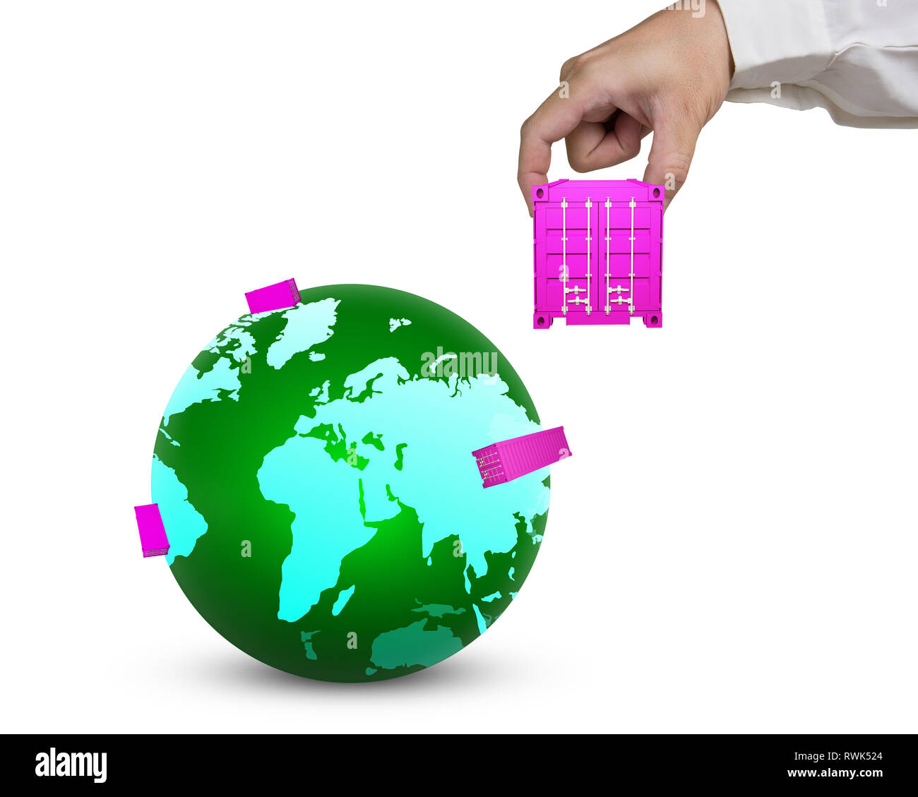 Human hand holding cargo container and green globe isolated on white ...