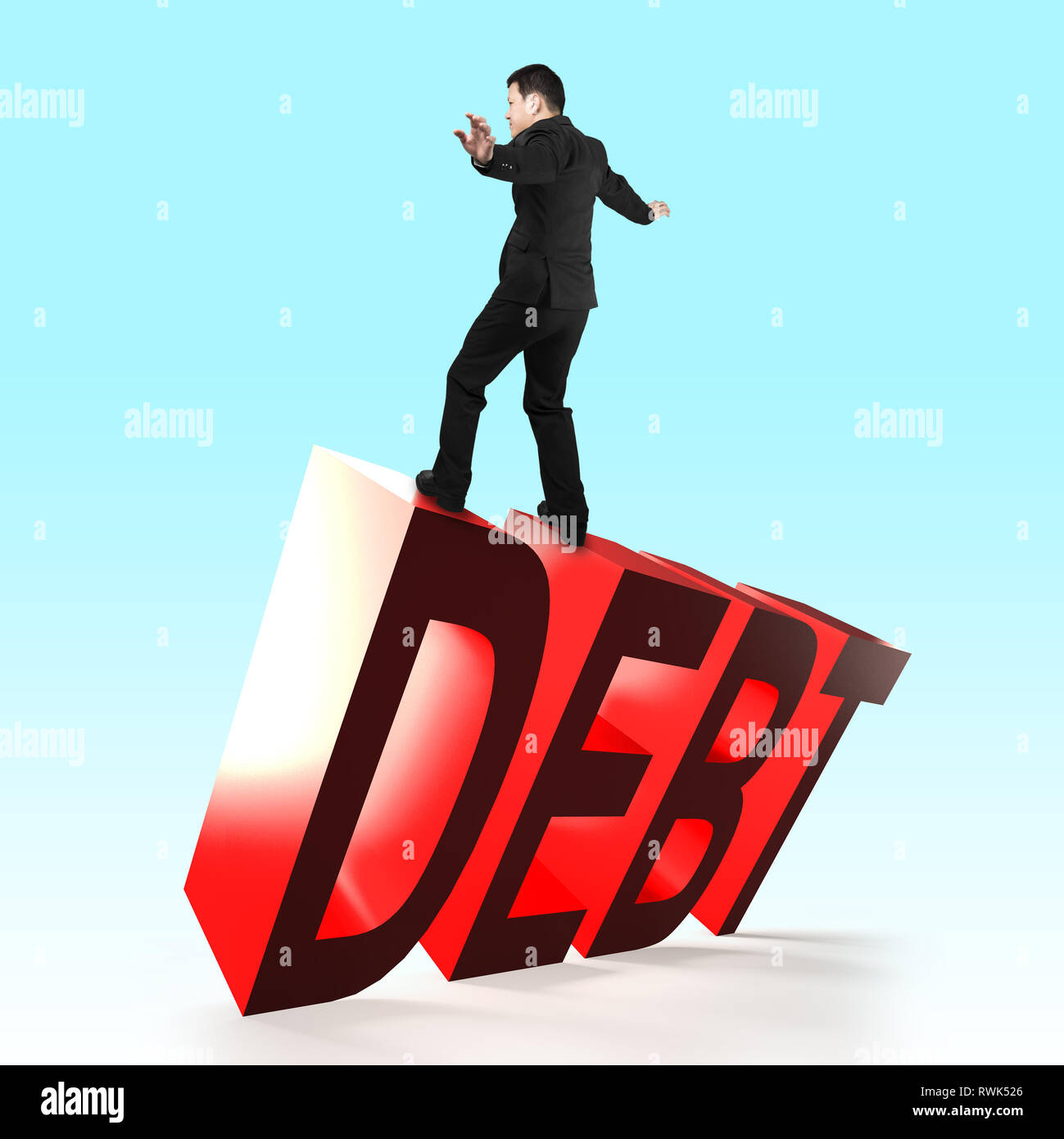 Man standing and balancing on 3D red DEBT word falling Stock Photo - Alamy