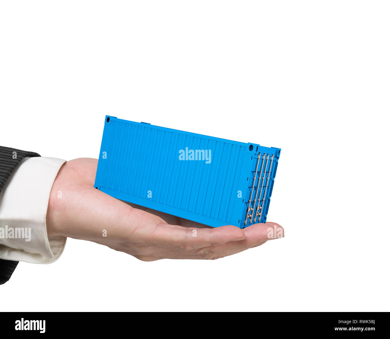 Human hand holding 3d blue cargo container, isolated on white ...