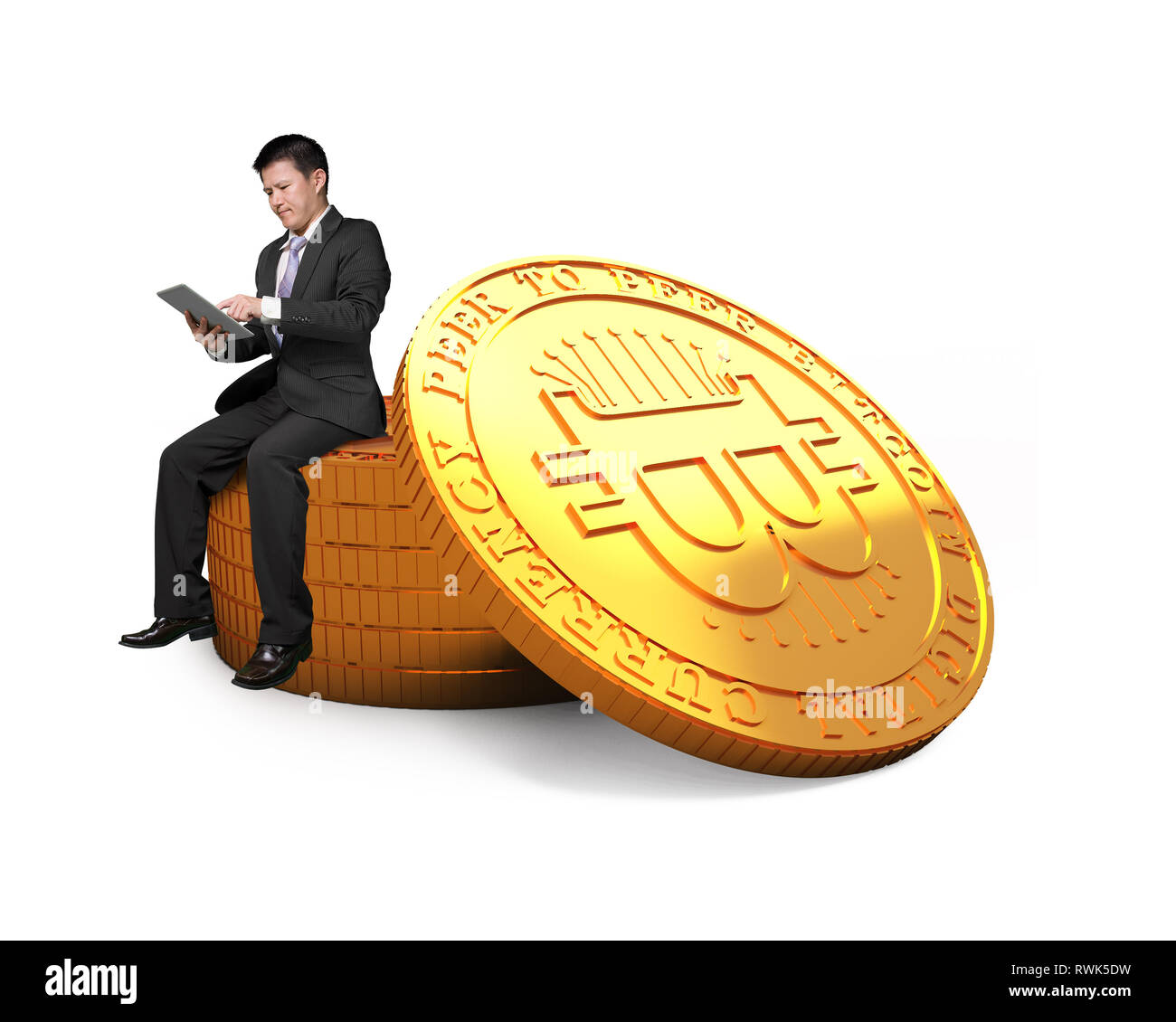Businessman is sitting on a stack of gold coins hi-res stock ...