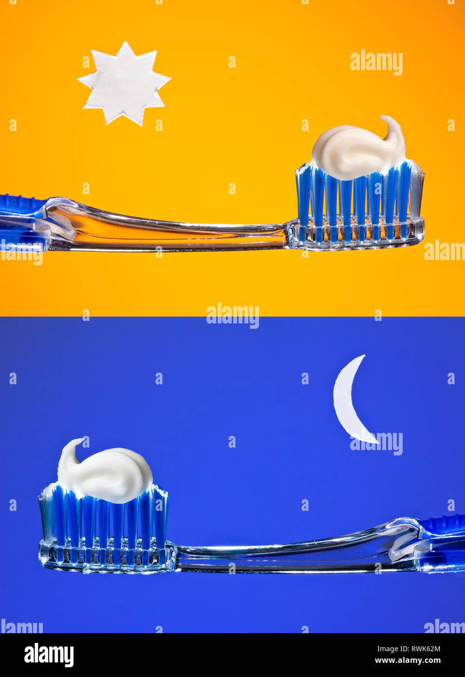 Toothbrushes with toothpaste on yellow and blue background representing ...