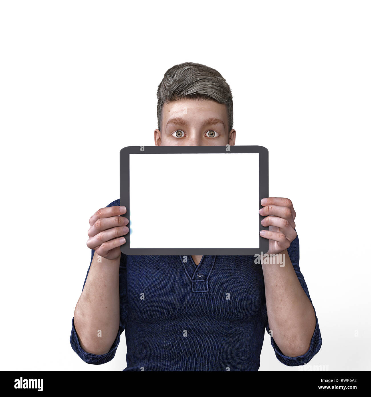3D render of a male holding a blank tablet for content and showing ...
