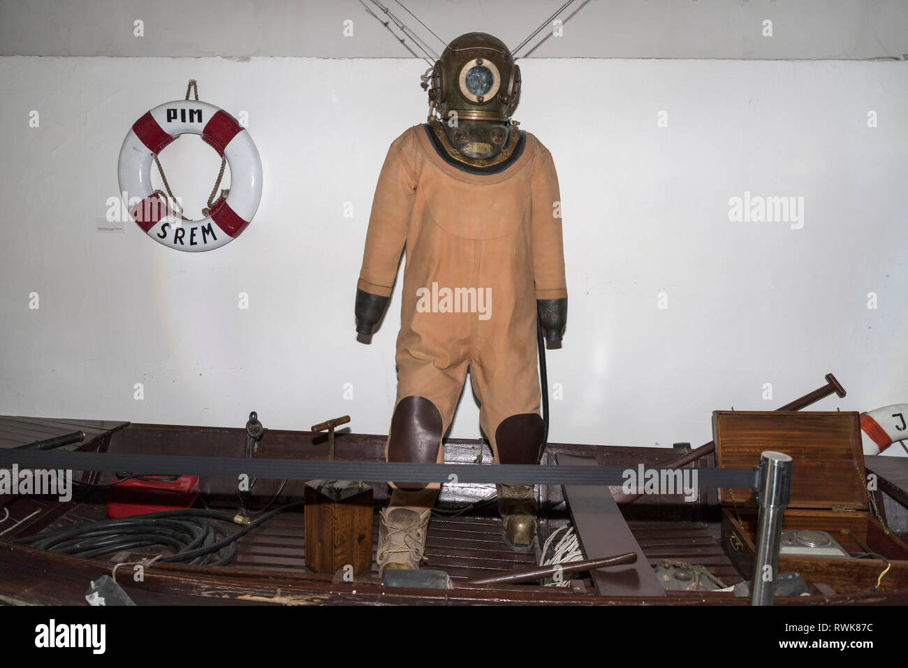 Belgrade, Serbia, March 2019 - Vintage diving helmet and suit made by ...