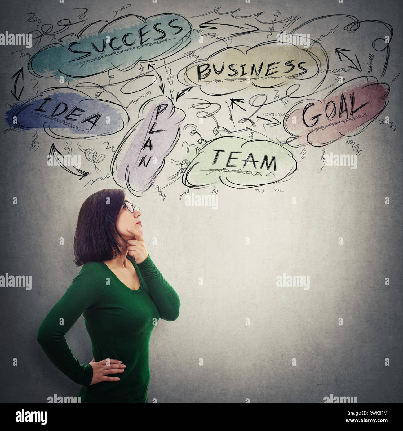 Pensive businesswoman thinking looking up planning her future and ...