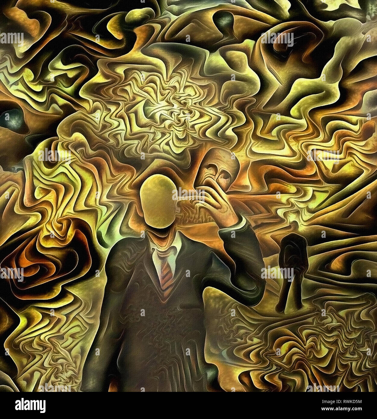 Surreal painting. Faceless man in suit holds mask in hand Stock Photo ...