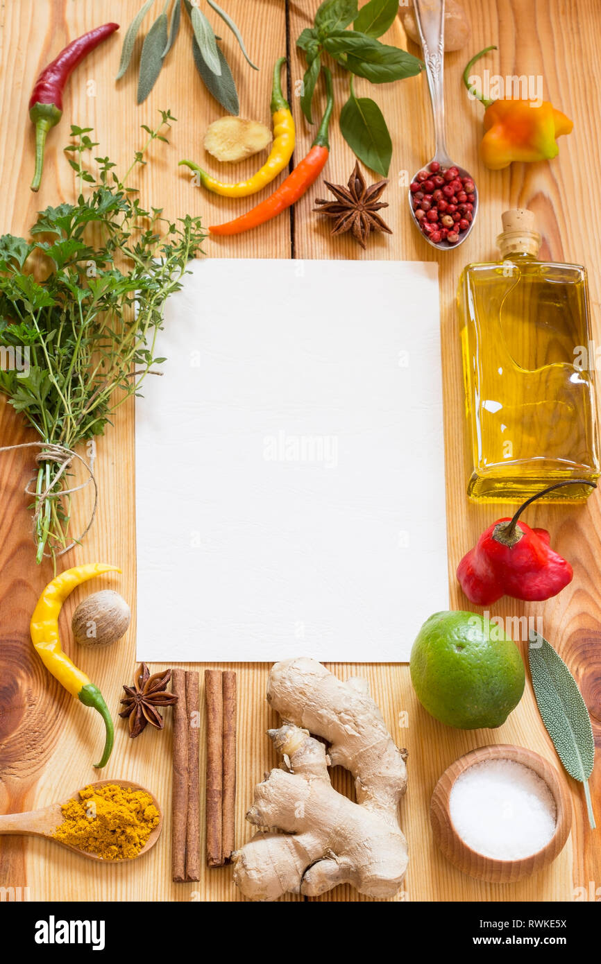 Various herbs and spices with a blank note Stock Photo - Alamy