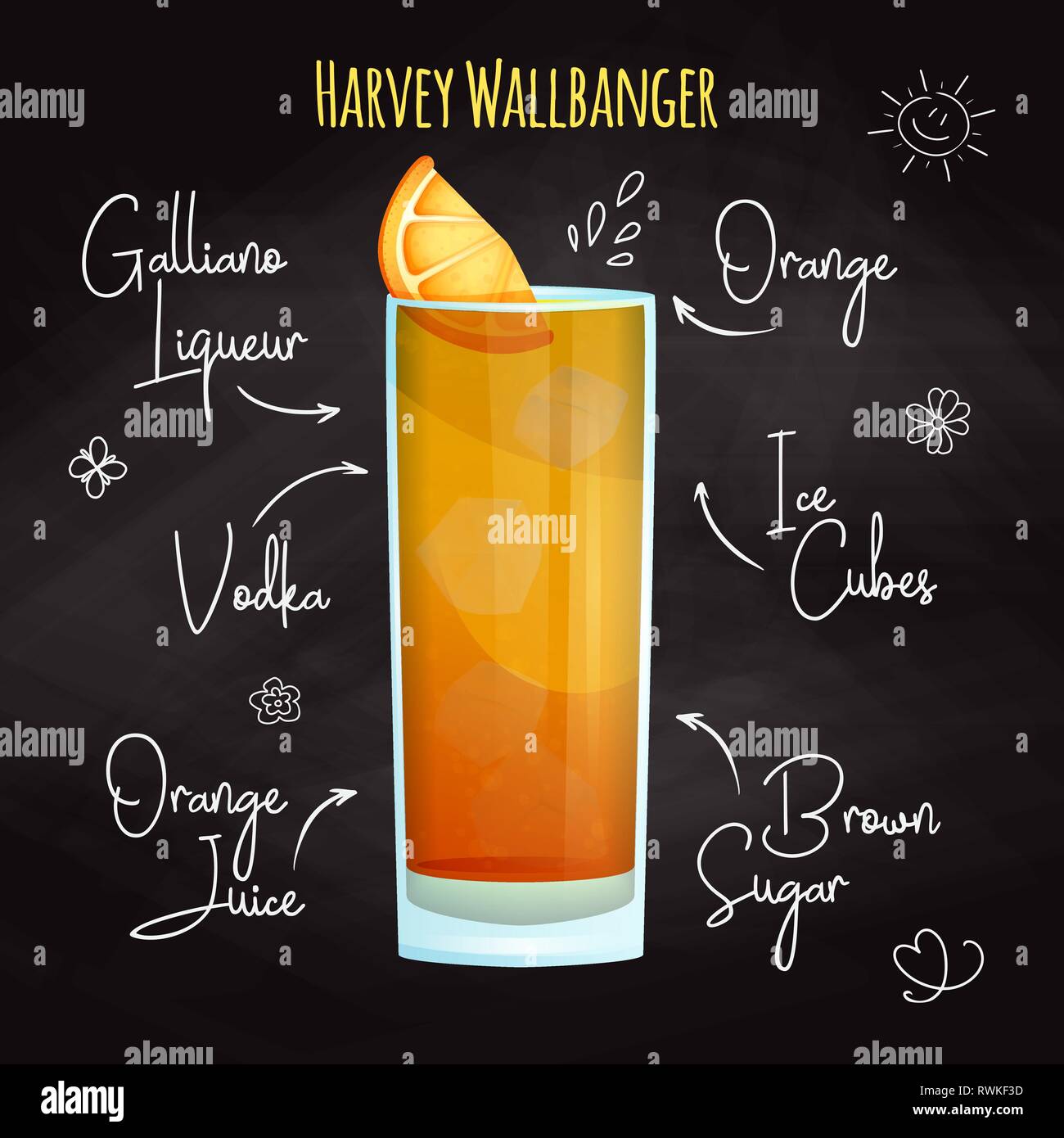 Simple recipe for an alcoholic cocktail Harvey Wallbanger. Drawing ...