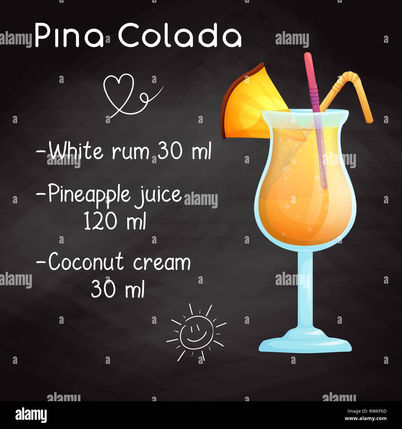 Simple recipe for an alcoholic cocktail Pina Colada. Drawing chalk on a ...