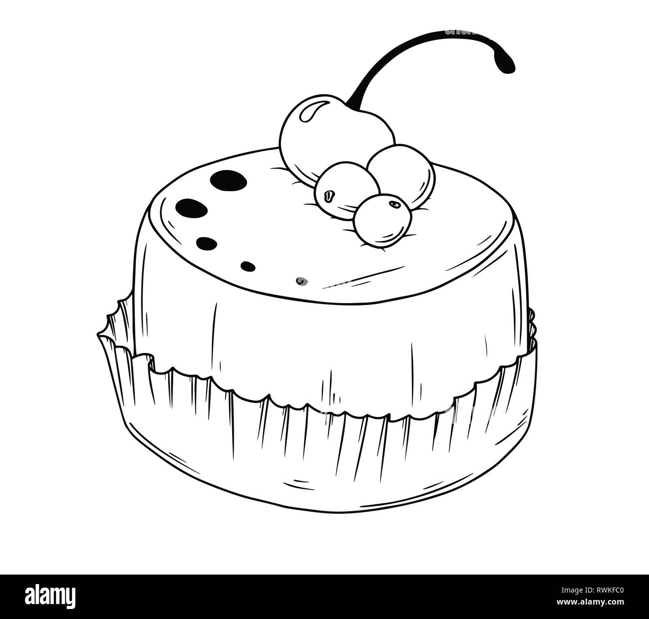 Cake with cherry. Sketch of cupcake isolated on white background ...