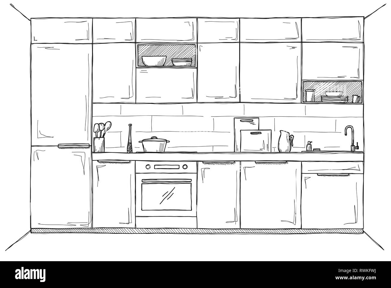 Sketch of the kitchen, front view. Vector illustration Stock Vector ...