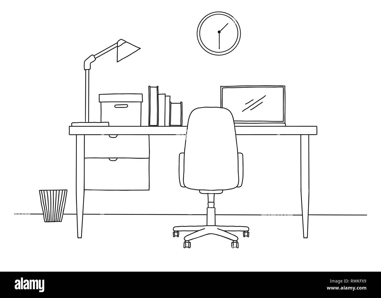 Sketch the workplace in front of the computer. Vector illustration ...