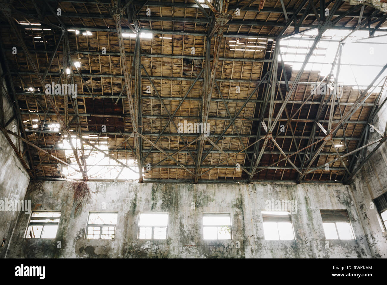 Old abandoned, ruined industry, factory, warehouse; broken and ...