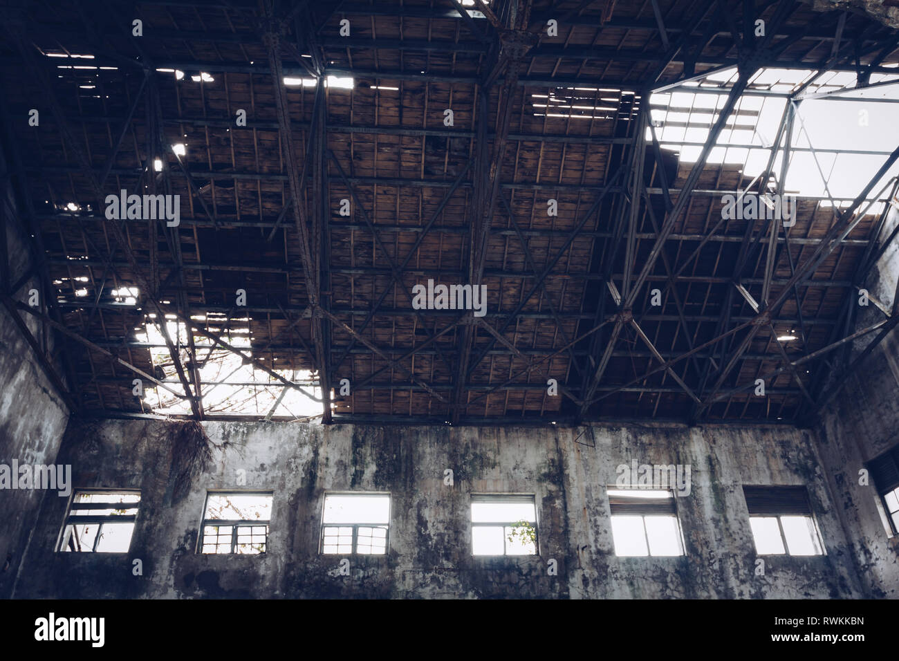 Old abandoned, ruined industry, factory, warehouse; broken and ...