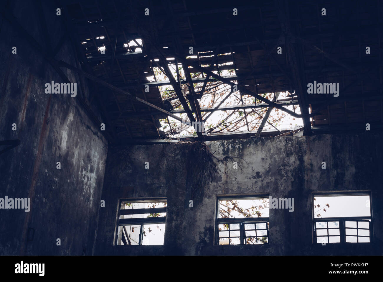 Old abandoned, ruined industry, factory, warehouse; broken and ...