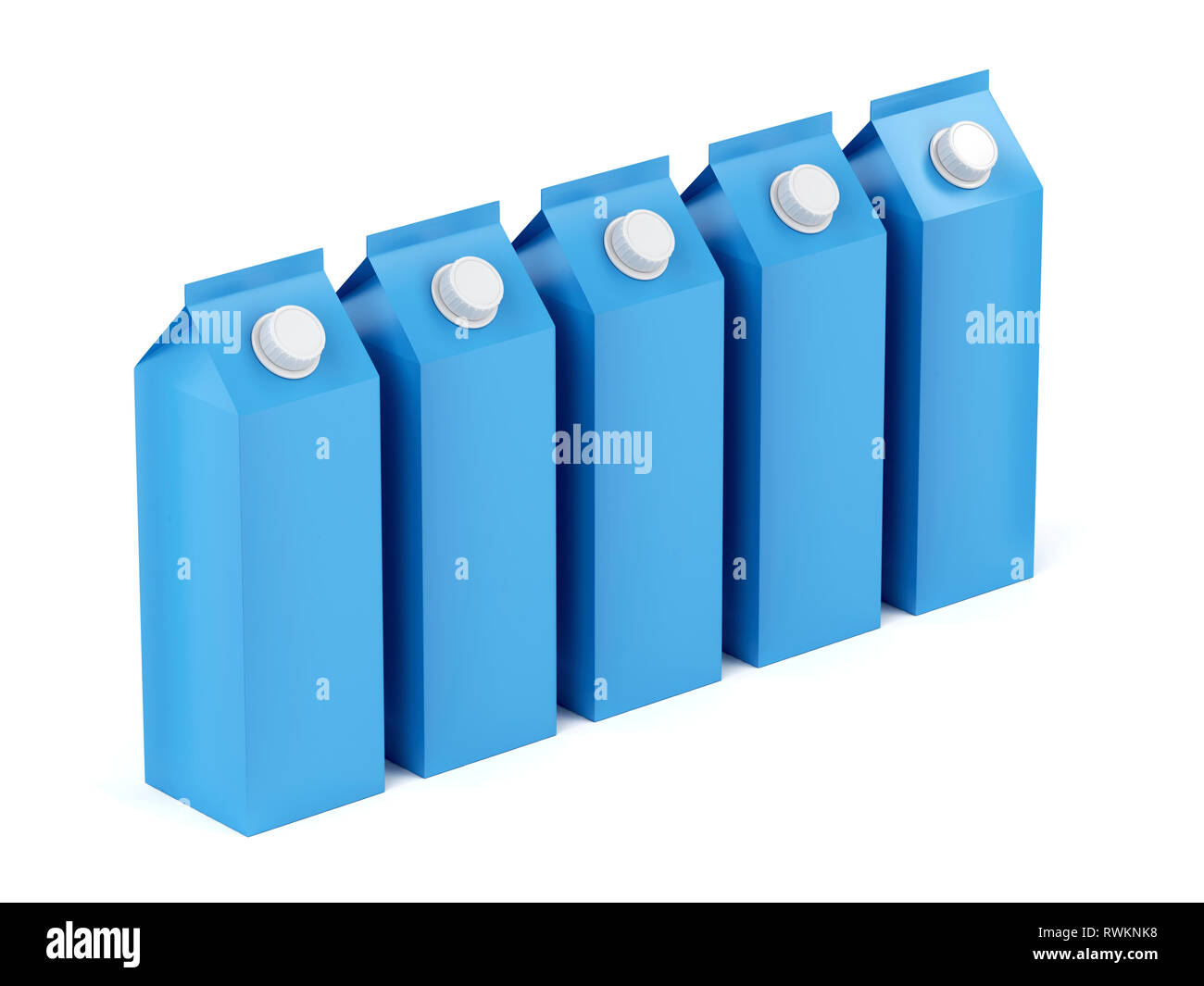 Row of blue containers for milk or other beverages on white background ...