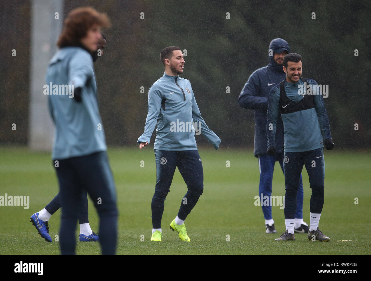 Chelsea's Eden Hazard (centre) during the training session at Cobham ...