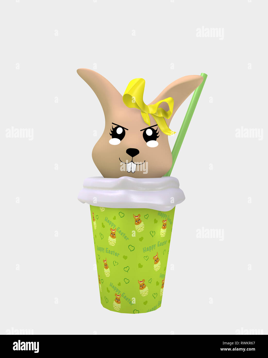 Naughty 3d kawaii bunny in milkshake isolated on white. 3d rendering ...