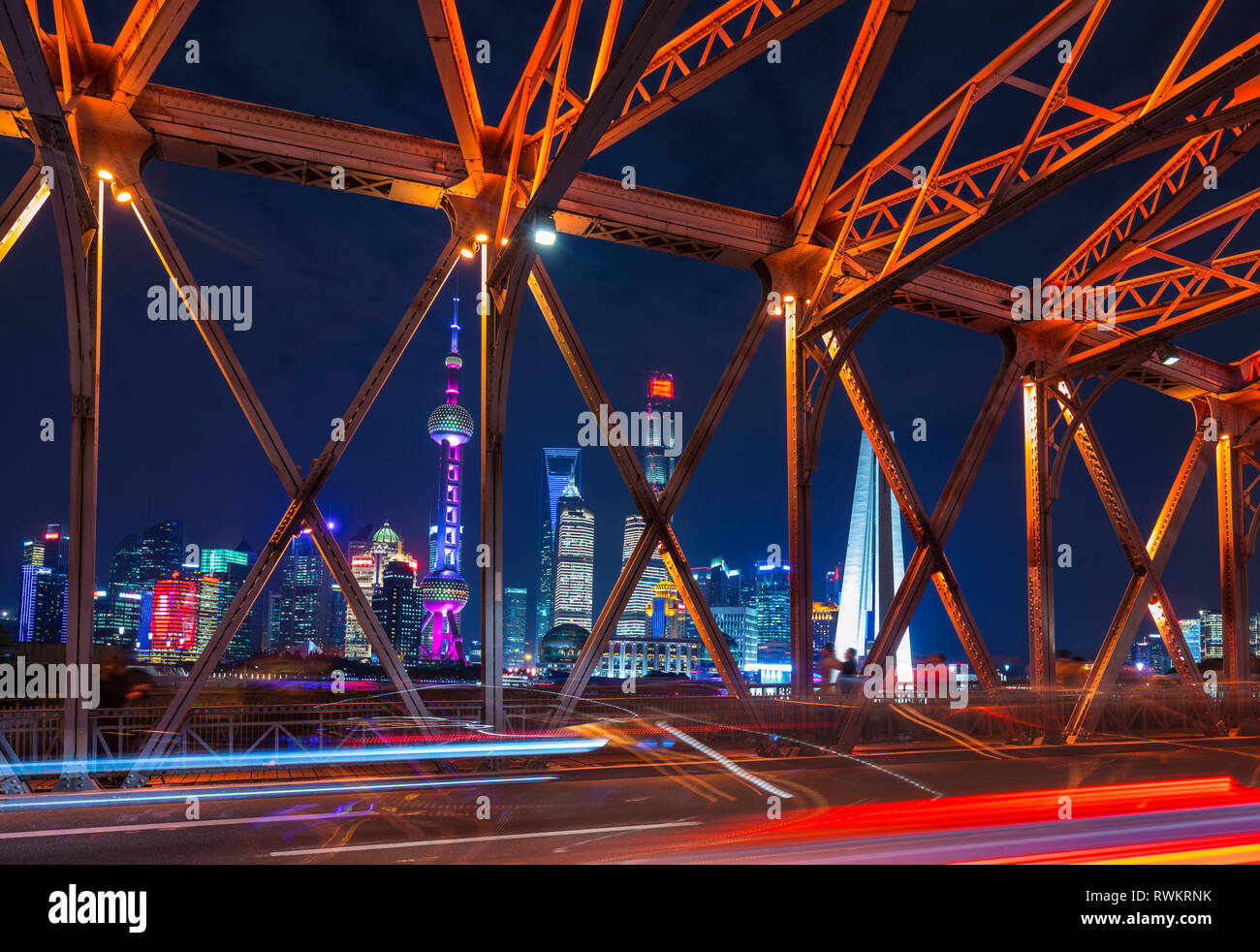 Waibaidu Bridge and Pudong skyline at night, Shanghai, China Stock ...