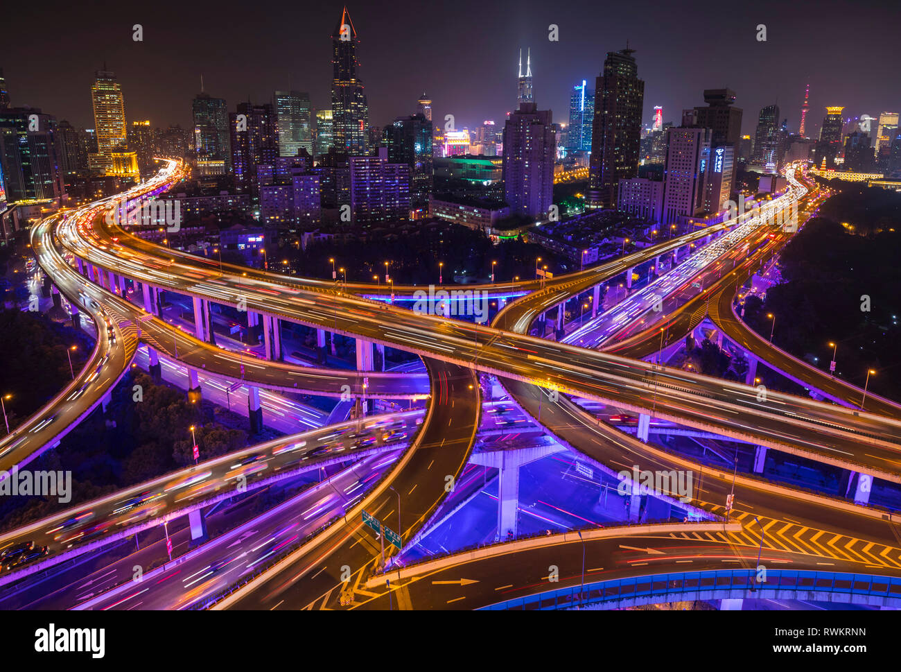 Nine dragon intersection at night, high angle view, Shanghai, China ...