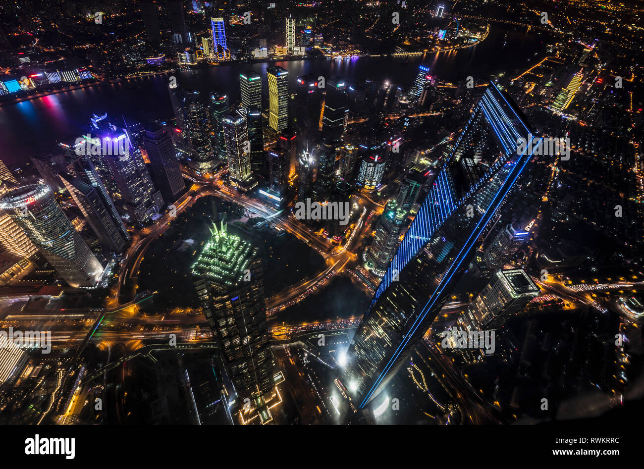 Cityscape with Pudong, Jin Mao Tower and Shanghai Tower at night, high ...
