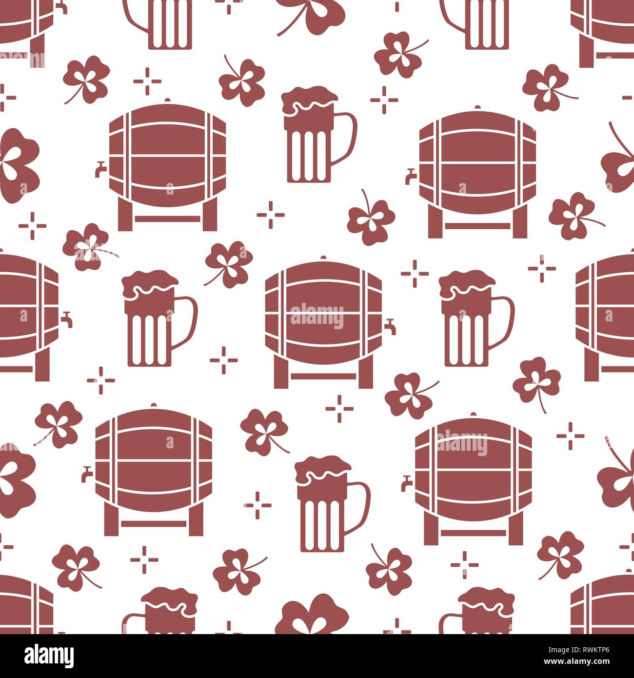 Seamless pattern with clover leaves, beer barrel, beer mug. St. Patrick ...