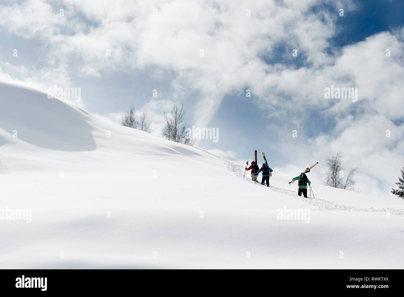Male skiers trudging up snow covered mountain, rear view, Alpe-d'Huez ...